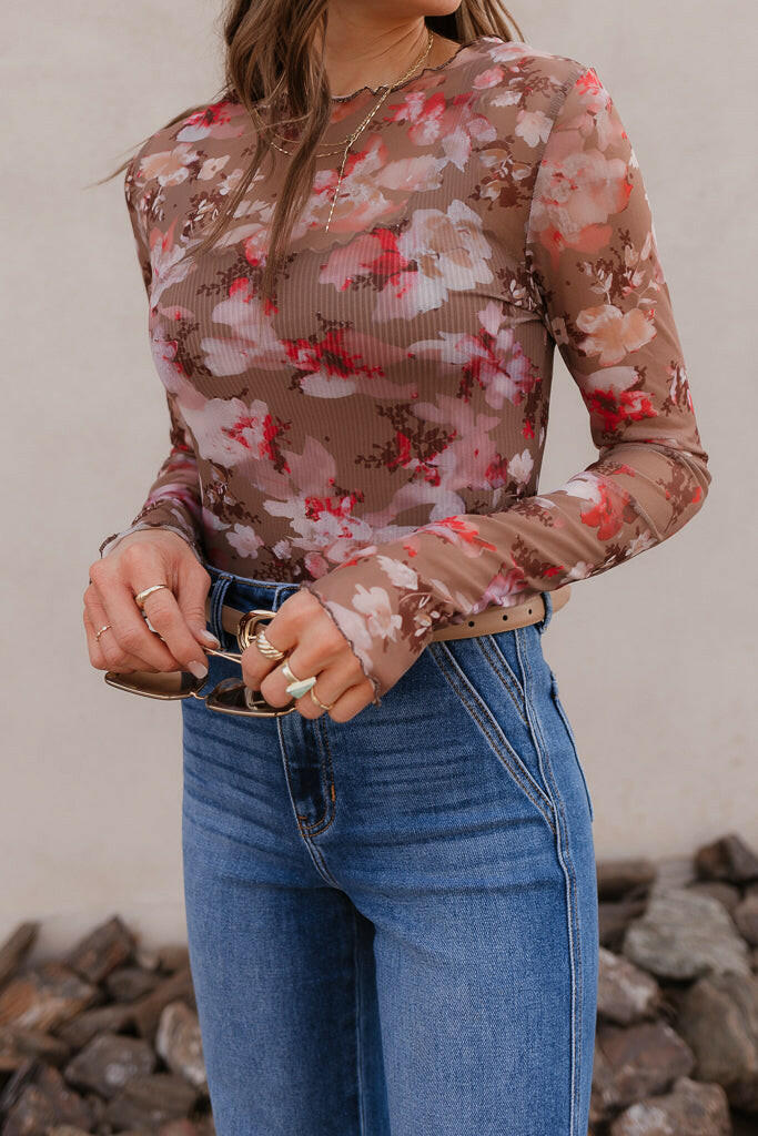 Floral Mesh Top with Sheer Allure and Fitted Silhouette – Krush Kandy